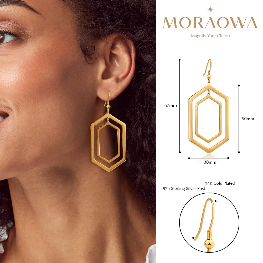 MORAOWA Gold Geometric Dangle Earrings for Women 14K Gold Plated Boho Hexagon Statement Drop Earrings Trendy 925 Sterling Silver Post Hypoallergenic Lightweight