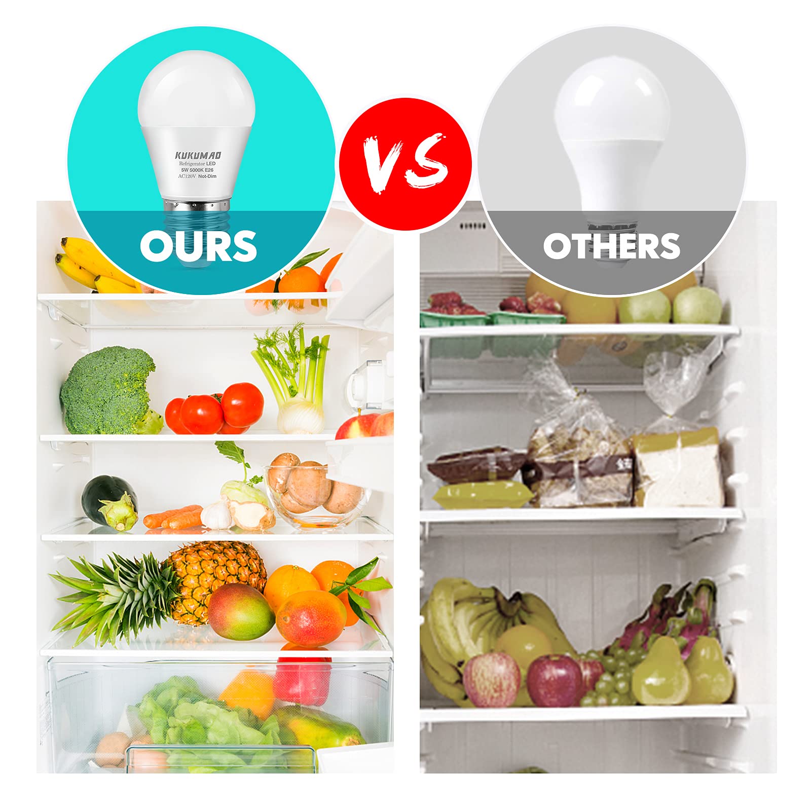 KUKUMAO LED Refrigerator Light Bulb 40W Equivalent 5 W Daylight White 5000K Fridge Waterproof Bulbs 120V A15 E26 Medium Base Freezer Ceiling Home Lighting Lamp Non-dimmable(2 Pack)