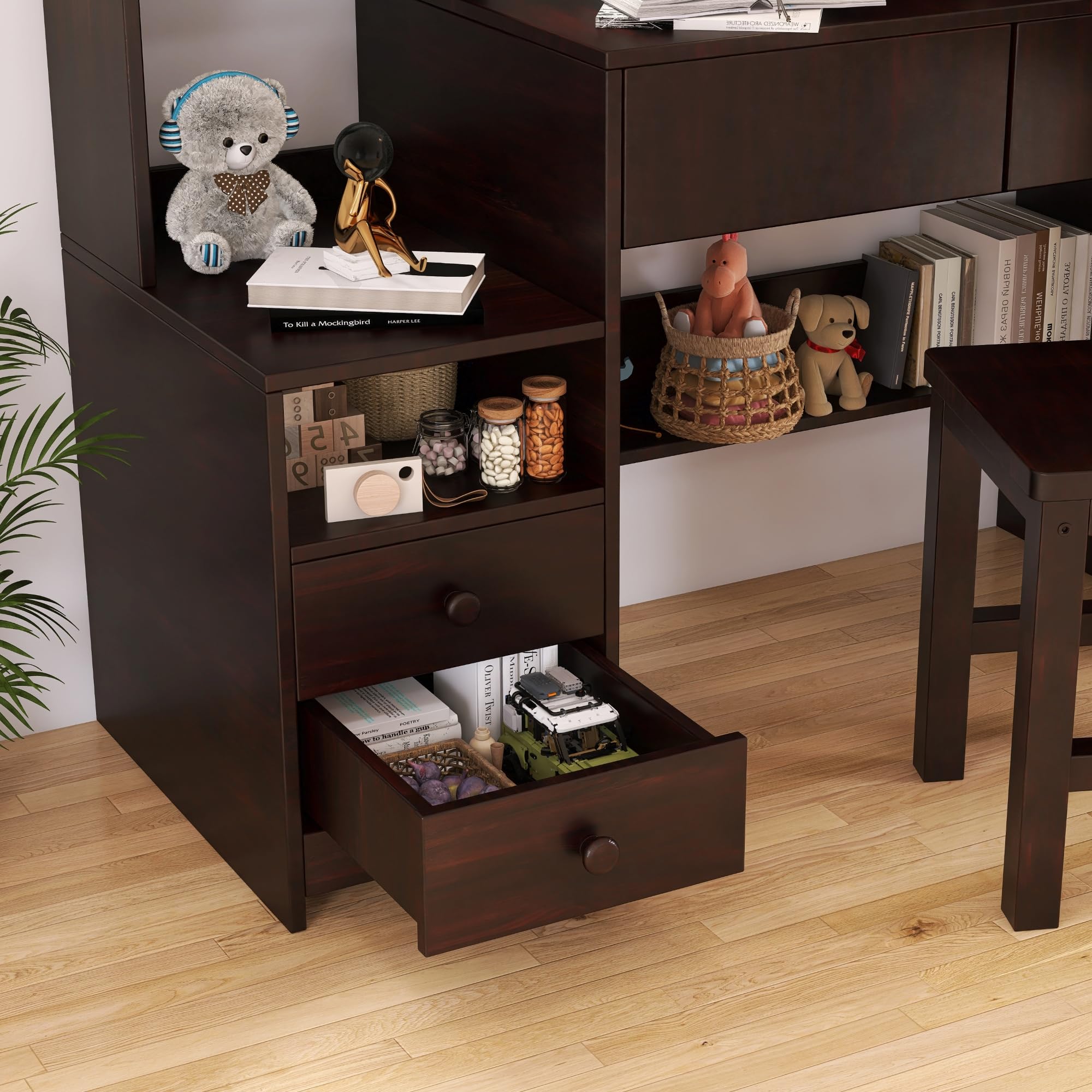 RUPOLX Childrens Computer Desk with 4 Drawers, Espresso Kids Desk and Chair Set for 5-12 Year Old,Kids Study Table with Storage Shelf-P8Phus