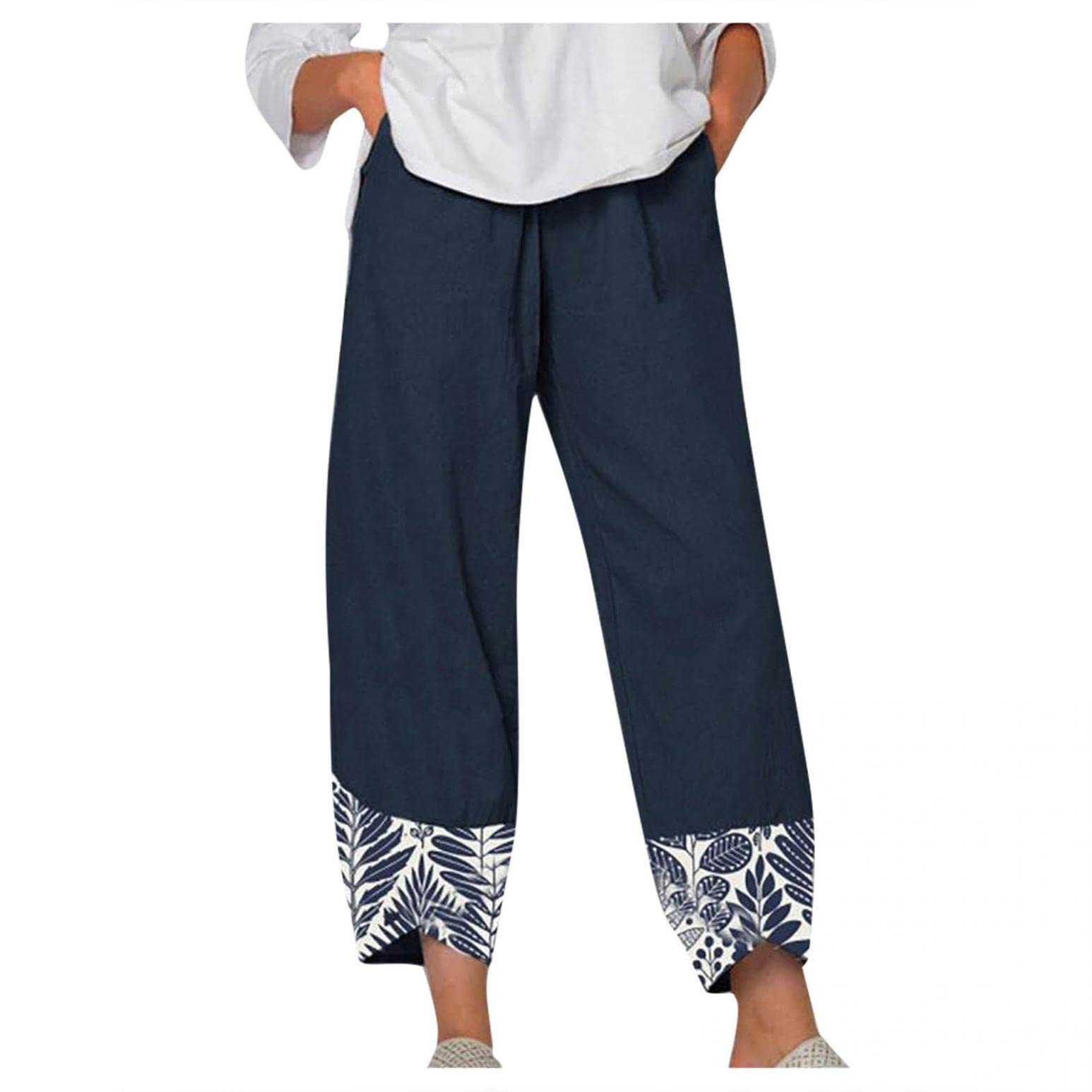 Lovely Nursling Summer Pants for Women Casual Pockets Cotton Linen Wide Leg Drawstring Elastic Waist Capris Crop Pants