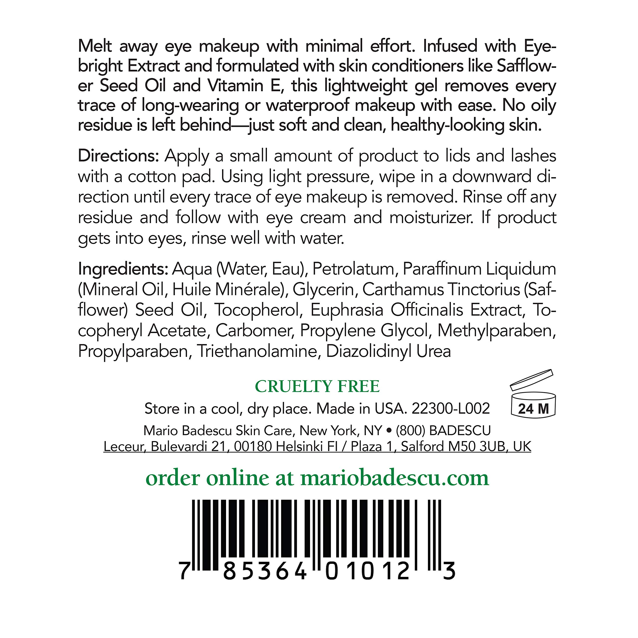 Mario Badescu Eye Makeup Remover Gel Ideal for Combination or Oily Skin Lightweight, Non-Greasy Waterproof Eye Make Up Cleanser Formulated with Safflower Seed Oil, 4 Fl Oz