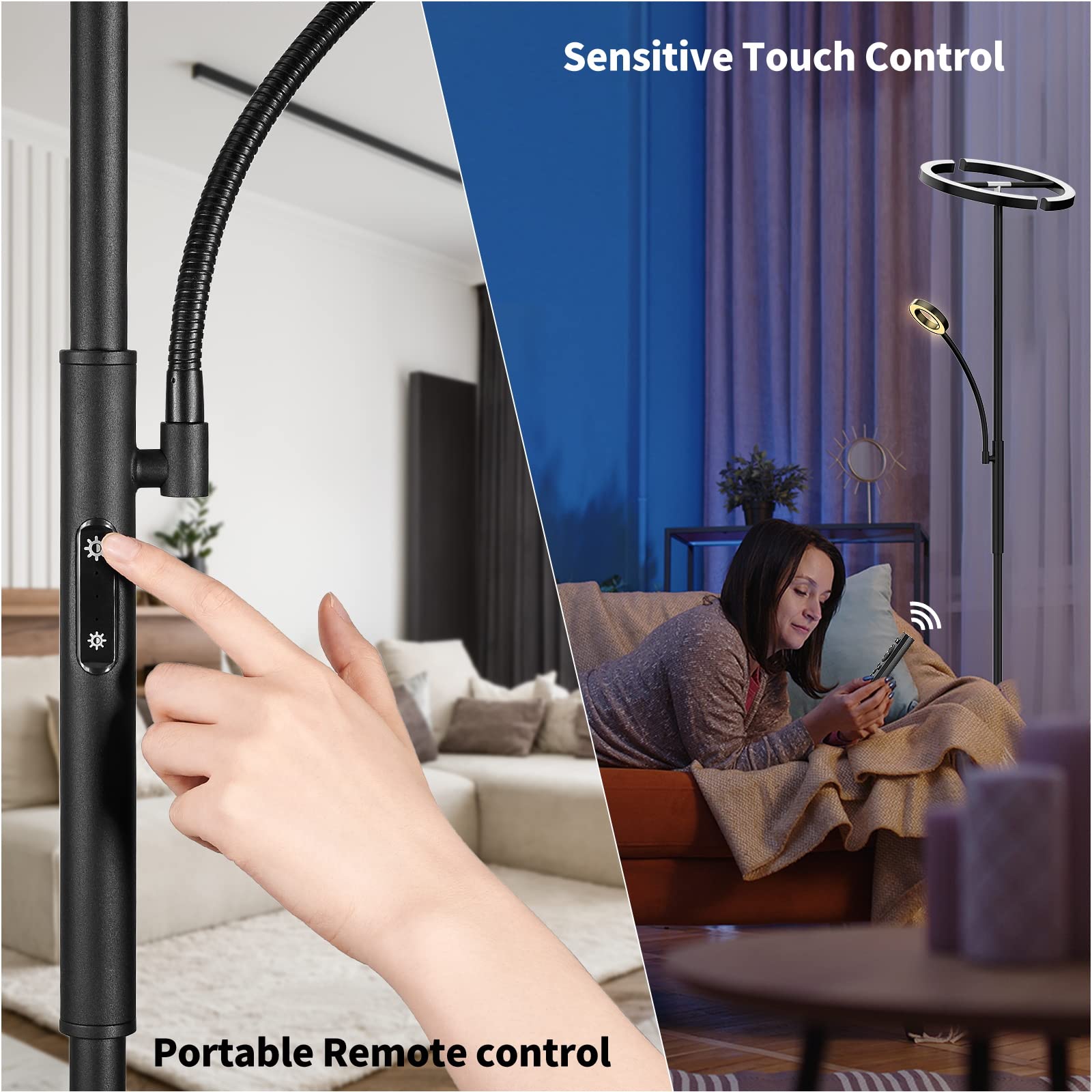 LED Floor Lamp with Reading Light, A ANTEN Modern Standing Lamp for Living Room, 20W Main Light & 7W Reading Lamp, Remote & Touch Control Dimmable Floor Light, Tall Black Pole Lamp for Bedroom, Office
