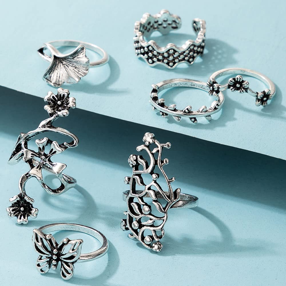 Octwine 7Pcs Silver Bohemian Statement Knuckle Rings Flower Carved Stackable Rings Stacking Ring Jewelry for Women and Girls