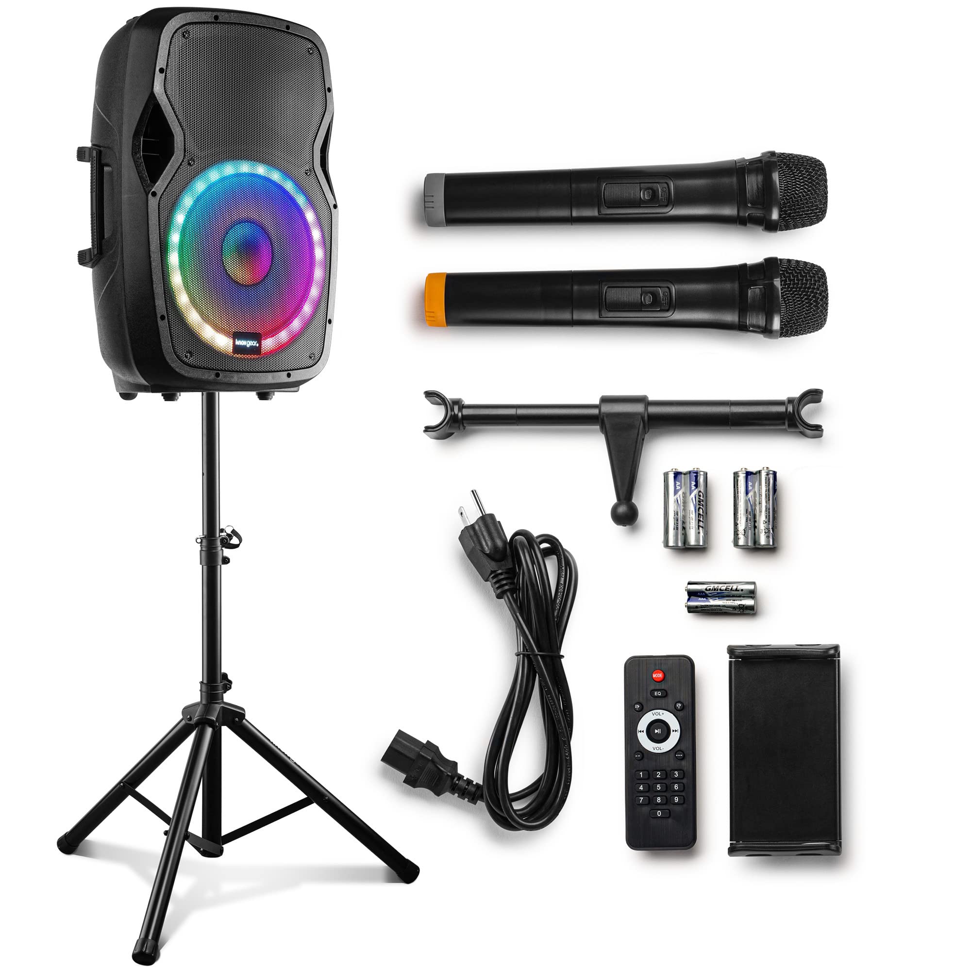 Knox Gear Portable Rechargeable Bluetooth Speaker Karaoke Machine System with 2 Wireless Microphones, Indoor Outdoor Party Size Active Amplifier with Stand and Phone Mount