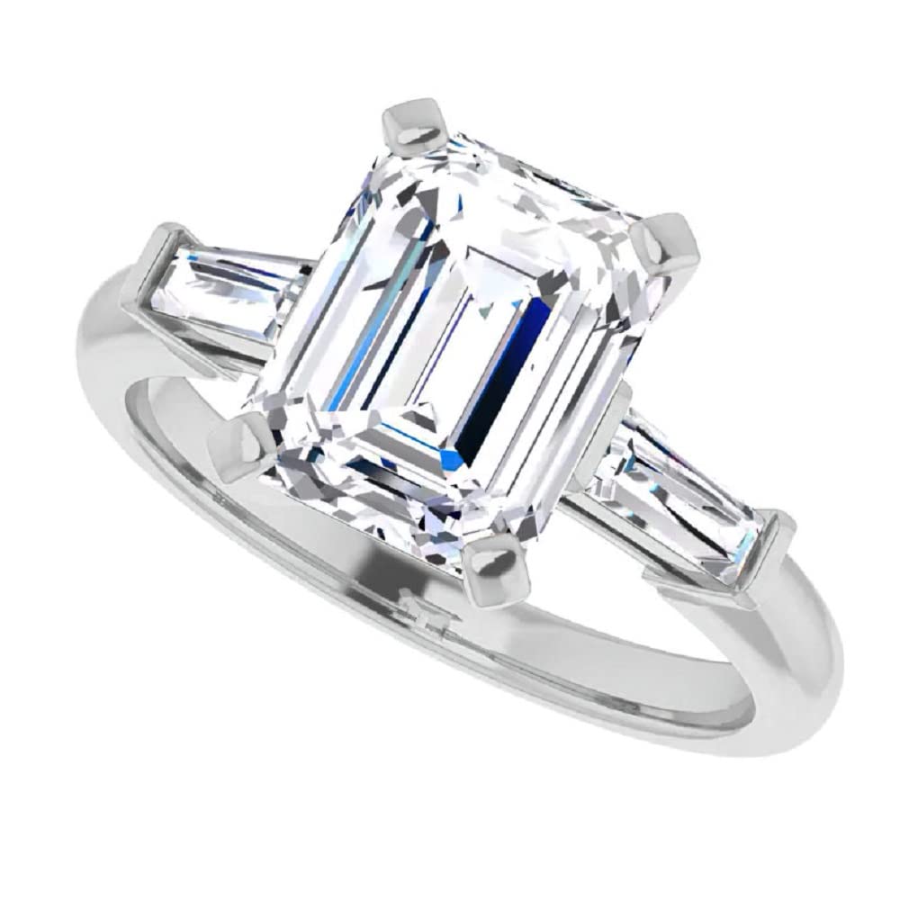 Moissanite Handmade Engagement Ring 2 CT Emerald Cut Moissanite Solitaire Diamond Wedding Ring Set for Women Propose Gifts VVS Colorless (14K Solid White Gold)