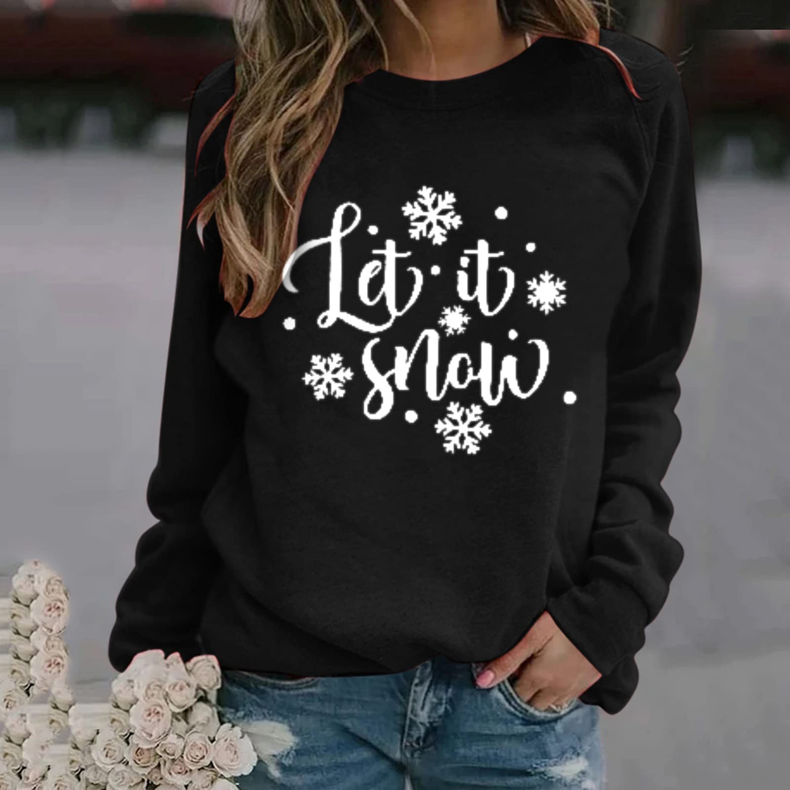 Let It Snow Christmas Sweatshirts for Womens Letter Printed Crewneck Long Sleeve T-shirt Casual Pullover Vacation Tops