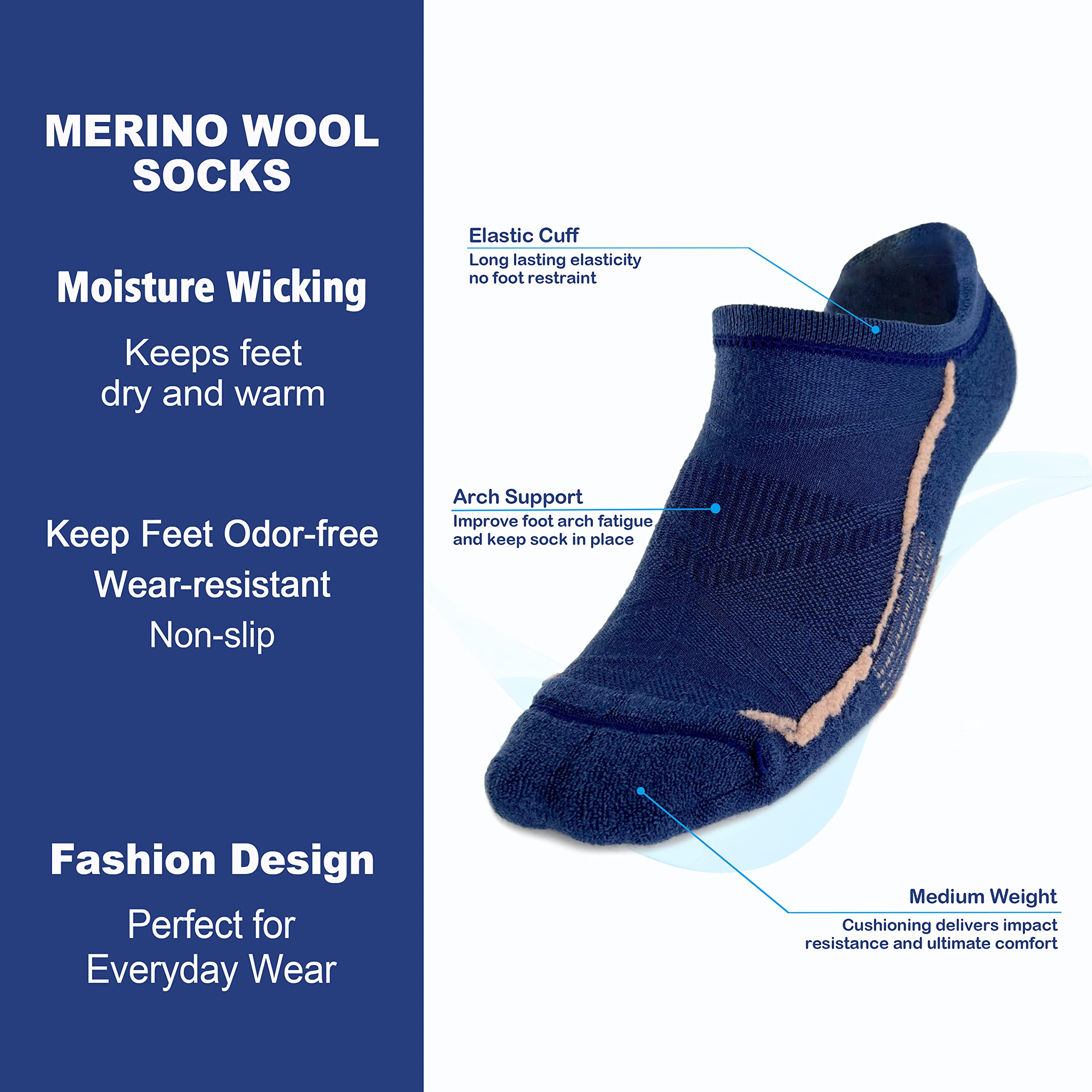 Merino Wool Ankle Running Socks Cushioned Low Cut Tab Athletic Socks for Men and Women Gifts 3 Pairs(Navy Blue,L)