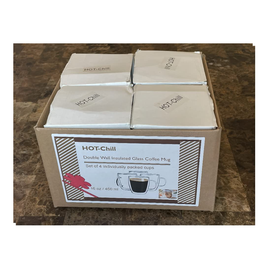 HOT-Chill Insulated Double Wall Glass Coffee Mugs with Handle Single Pack 16 Ounces Clear mugs for hot or Cold, Heat Resistant Perfect for Latte Americano Cappucciimos as well