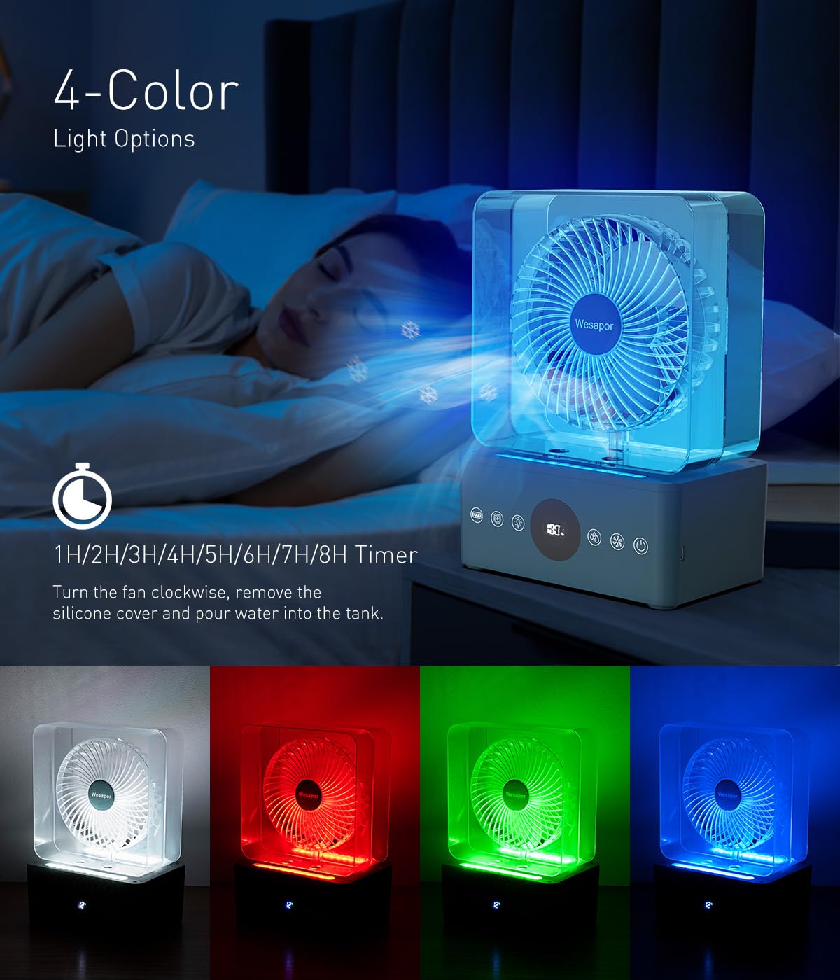 Portable Air Conditioner Cooling Fan with 3600mah battery, Quiet with 3 Speeds, 1000ml Evaporative Personal Air Cooler Fan with Mist, 8H Timer, 4 LED mode, Small Air Conditioner for Bedroom Office