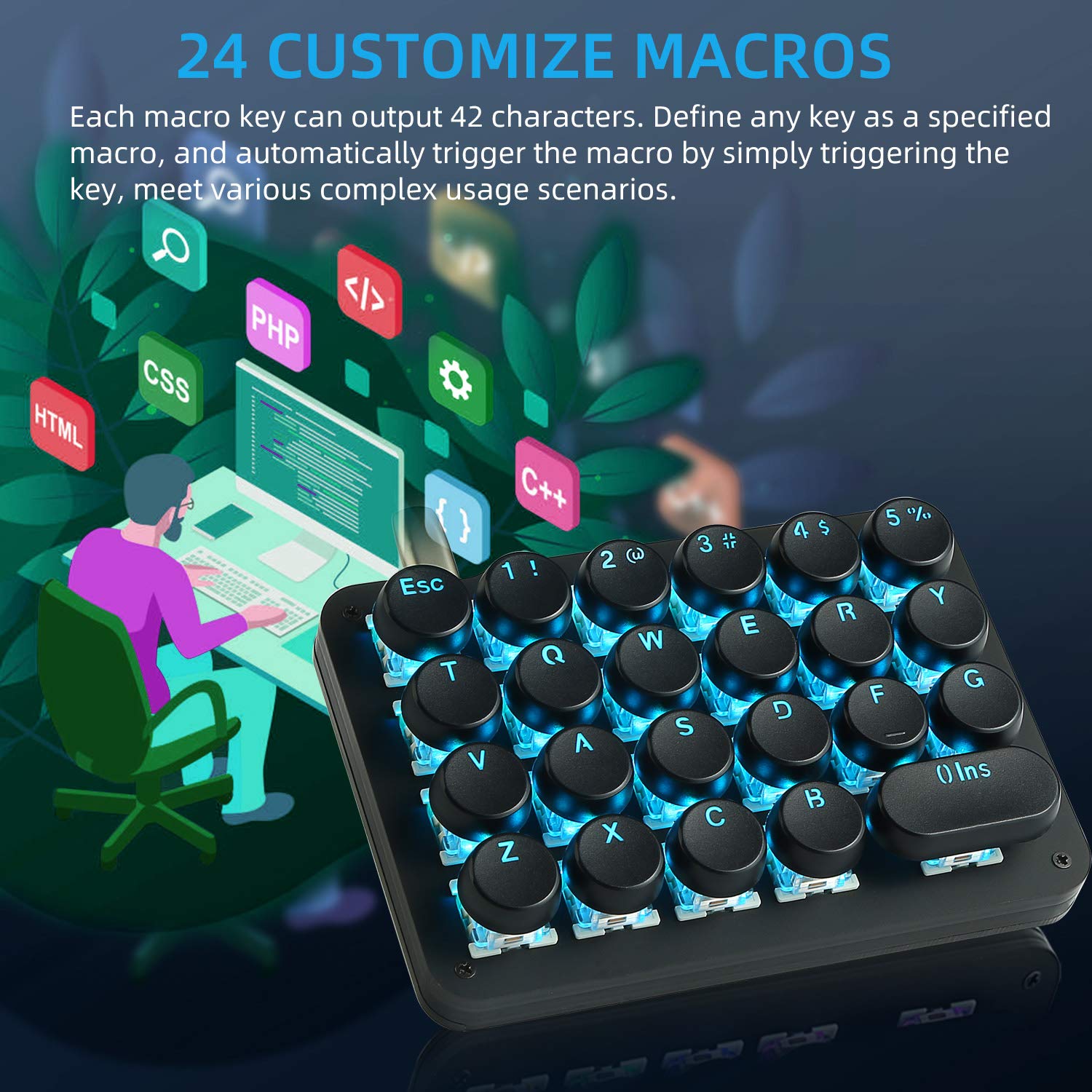 Koolertron One Handed Macro Mechanical Keyboard,Blue LED Backlit Portable Mini One-Handed Mechanical Gaming Keypad 23 Fully Programmable Keys Red Switches with Retro Classic Typewriter Round Keycaps