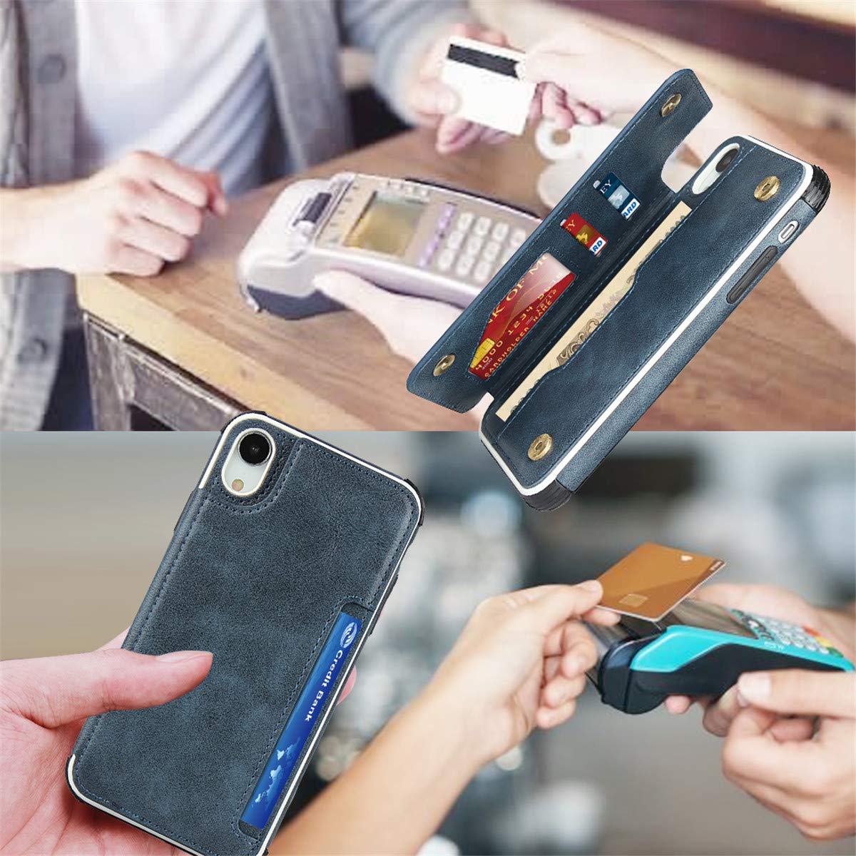 iCoverCase iPhone XR Wallet Case, iPhone XR Case with Card Slots Holder and Wrist Strap PU Leather Kickstand Double Magnetic Clasp Shockproof Cover Case for iPhone XR 6.1 Inch (Blue)