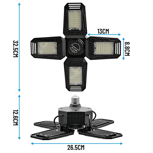 LED Garage Light, Aluminum Alloy Shell 120W Deformable Garage Ceiling Light E26 / E27 Basement with 4 Adjustable LED Panels 12000LM 6500K CRI 80, LED Shop Lights for Warehouse Workshop Barn Basement