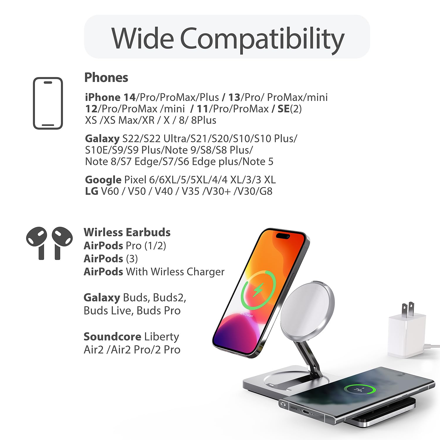 Mag-Safe Charger Stand for iPhone, Wireless Charger Stand for Apple Products, 2 in 1 Magnetic Charging Station for iPhone 15/14/13/12 Series, Airpods 3/2/Pro with Adapter (Sliver)
