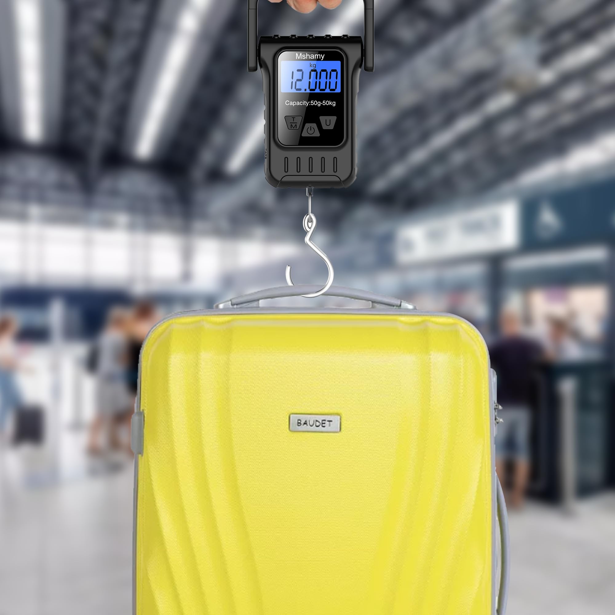 Mshamy Luggage Scale110lbs/50kg Digital Fishing Scale with Backlit LCD Display, Hanging Scale with Portable Large Handle Measuring Tape, Suitcase Scale for Travel Include 2 AAA Batteries