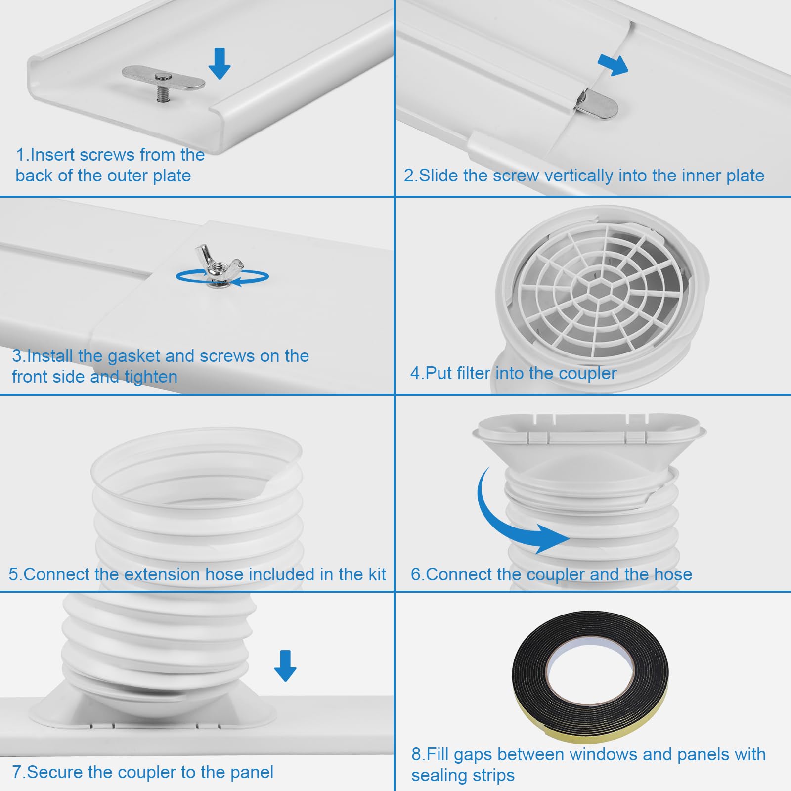 Portable Air Conditioner Window Vent Kit with 5.9" Exhaust Hose, Portable AC Seal Kit for Sliding Window with 4 Plates, Universal Coupler Fits 5.9 & 5.1 Inch Diameter Exhaust Hose