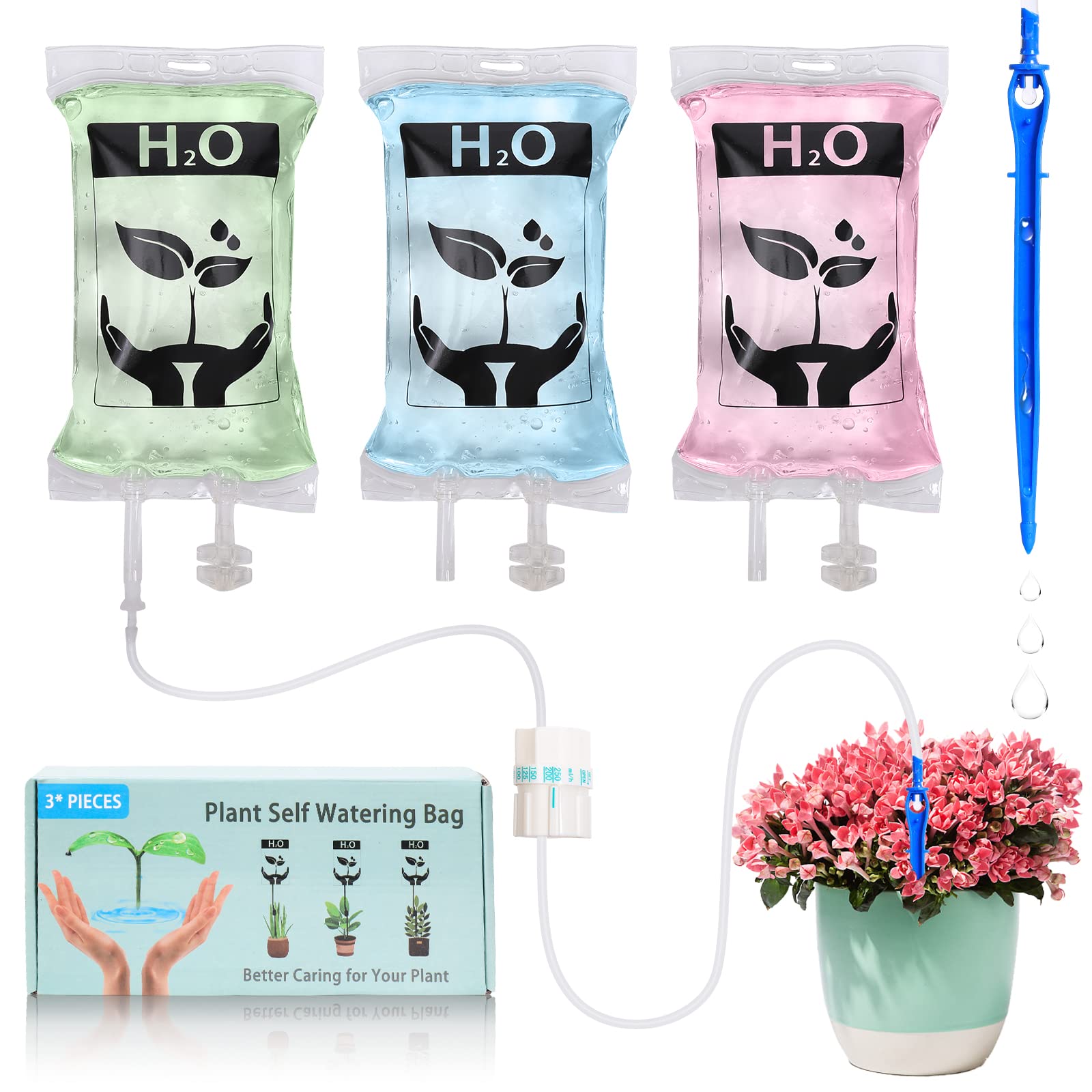 Plant Self Watering Devices with Spikes and Water Storage Bag, Slow Release Control Valve Switch Automatic Irrigation Watering Drip System, Plant Self Waterer-Preventing Stop Water and Leaks-3Pack