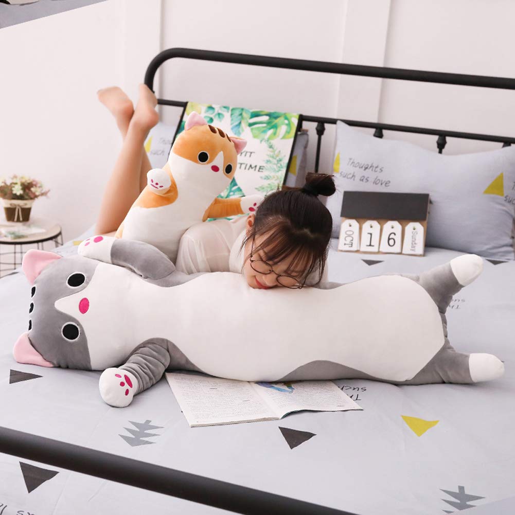 Jensquaify Long Cat Plush Pillow, Cat Stuffed Animals Body Pillow Cute Kitten Plush Hugging Pillow Toy Gifts for Kids (Gray, 19.68 inch)