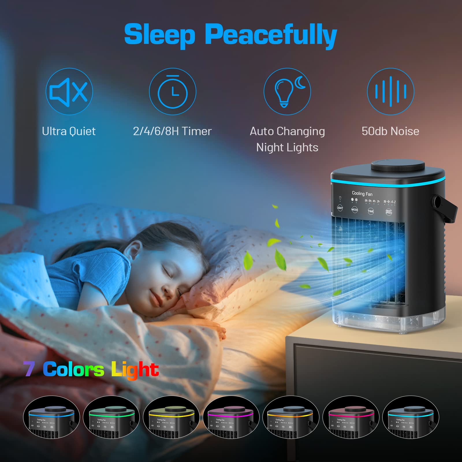 Portable Air Conditioners, Personal Cooling Fan Air Conditioner Portable with 4 Wind Speed & 2 Mist Level & 2-8H Timer & 7 LED Light Mini Evaporative Air Cooler for Home Office Room, Black