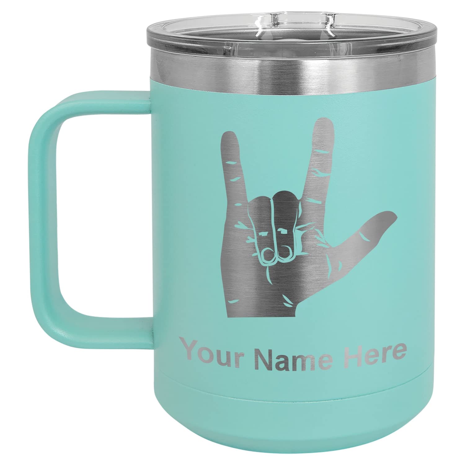 LaserGram 15oz Vacuum Insulated Coffee Mug, Sign Language I Love You, Personalized Engraving Included (Teal)