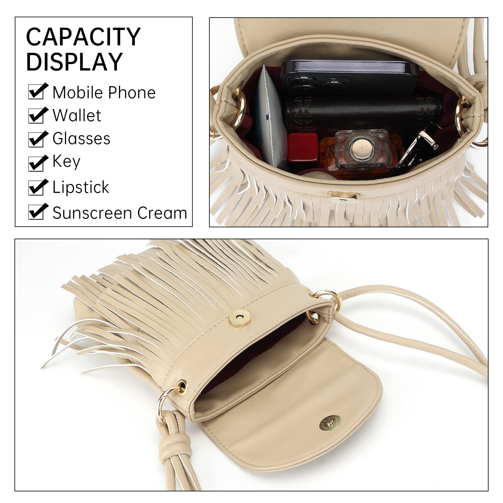 MAXWISE Fringe Small Crossbody Purse Bag For Women Tassel Shoulder Bag(Beige)