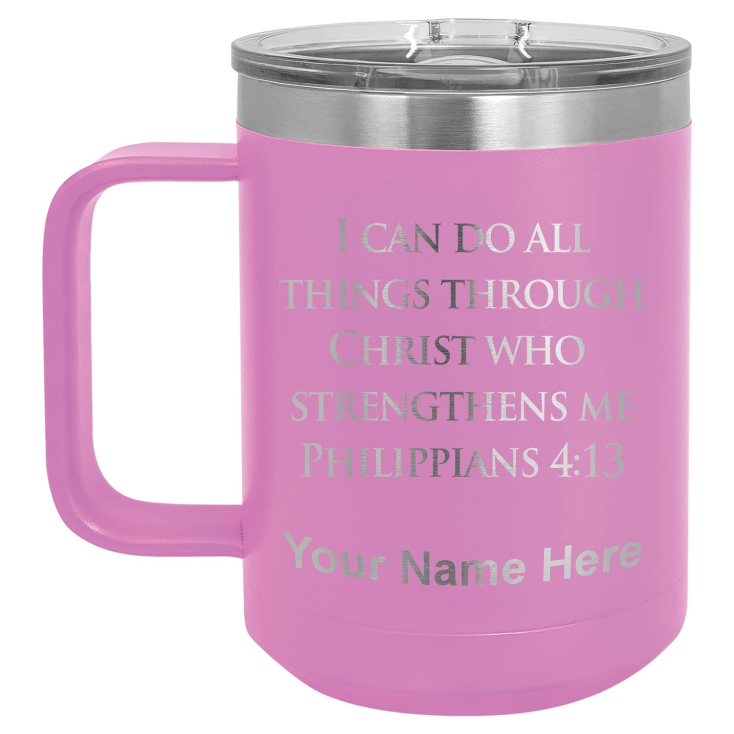 LaserGram 15oz Vacuum Insulated Coffee Mug, Bible Verse Philippians 4:13, Personalized Engraving Included (Light Purple)