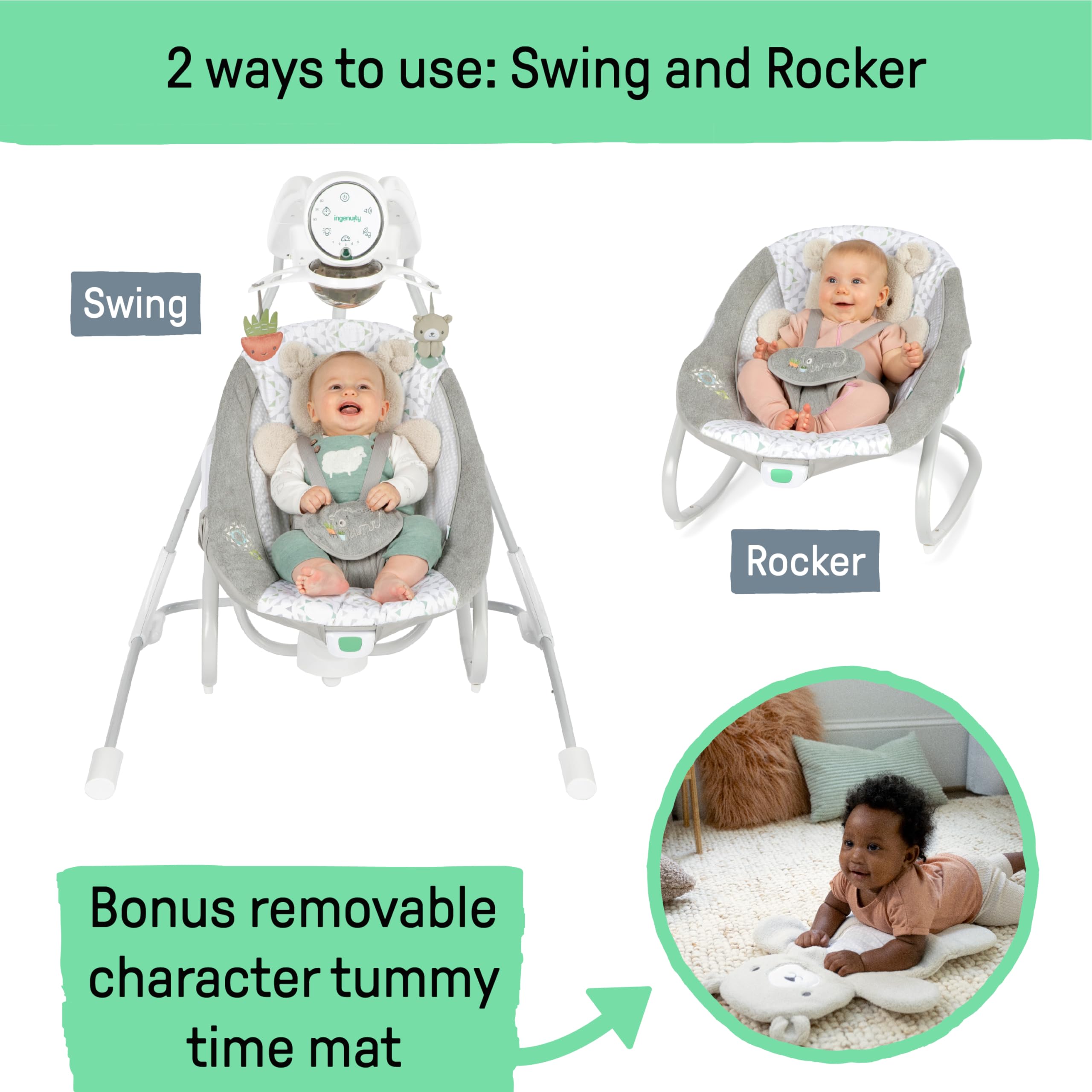 Ingenuity InLighten Soothing Swing & Rocker - Vibrating Swivel Infant Seat, Soothing Sounds, Lights - Nate