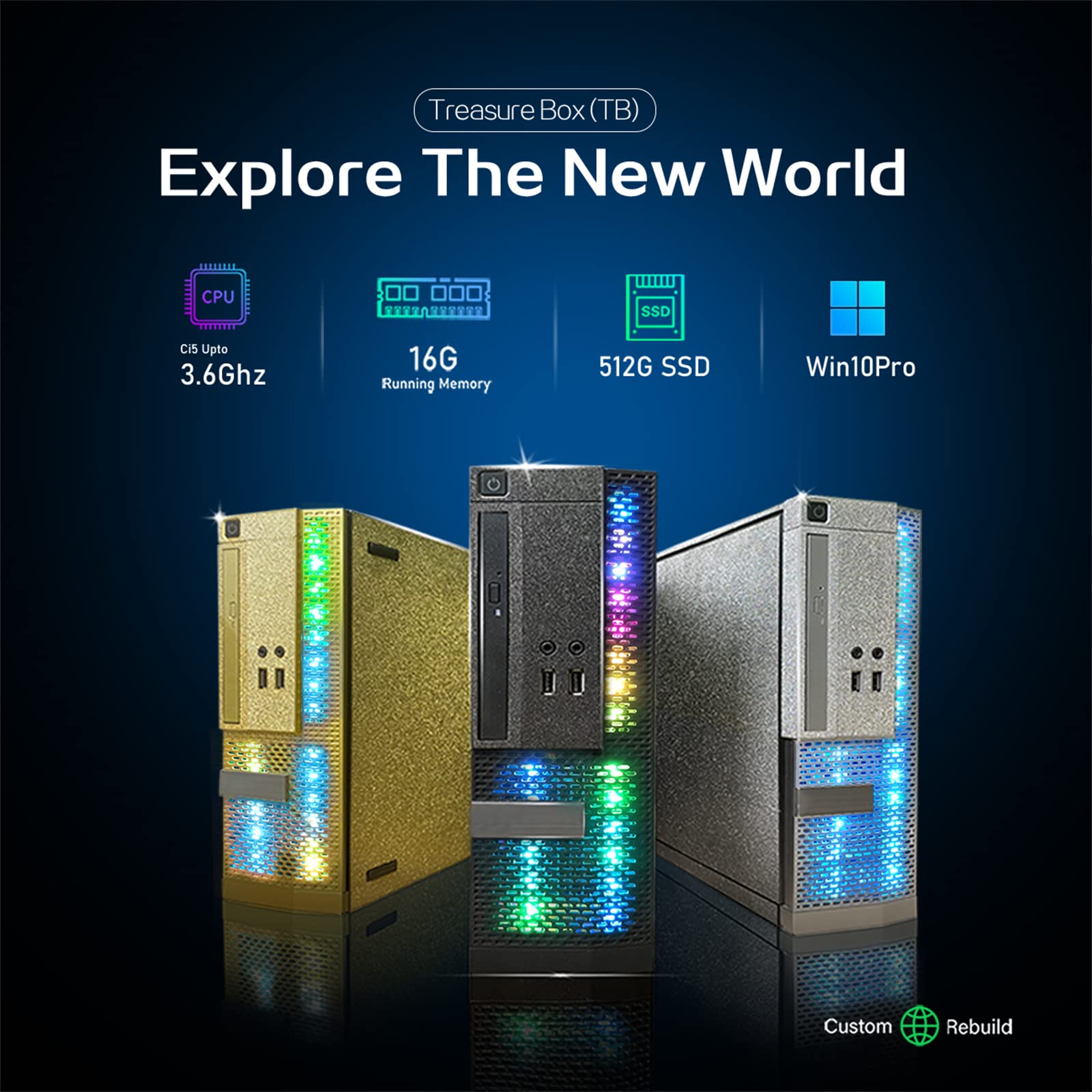 PC Treasure Box Black RGB Desktop Computer Intel Quad Core I5 up to 3.6G, 16G, 512G SSD, WiFi & Bluetooth, RGB Gaming PC Keyboard & Mouse, DVD, Windows 10 Pro (Renewed)
