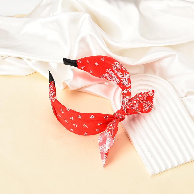 Red Boho Paisley Bandana Hair Bands with Knotted Bow and Rabbit Ear Headbands for Women and Girls - Non-Slip Headbands