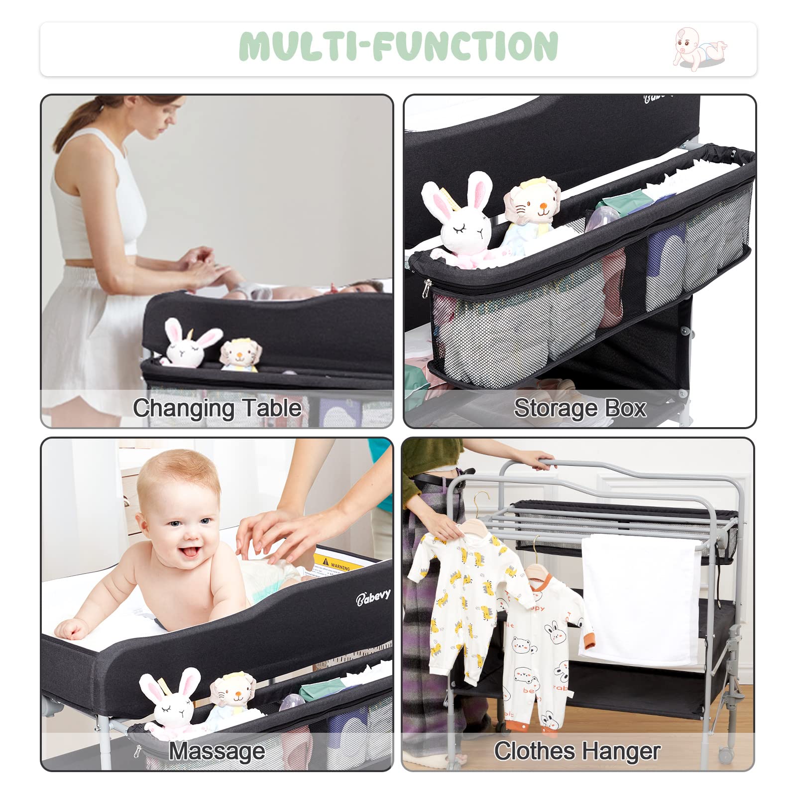 Portable Baby Changing Table, Babevy Foldable Changing Station Changing Dresser with Wheels for Infant, Waterproof Diaper Changing Table Pad Topper, Mobile Nursery Organizer for Newborn (Black)