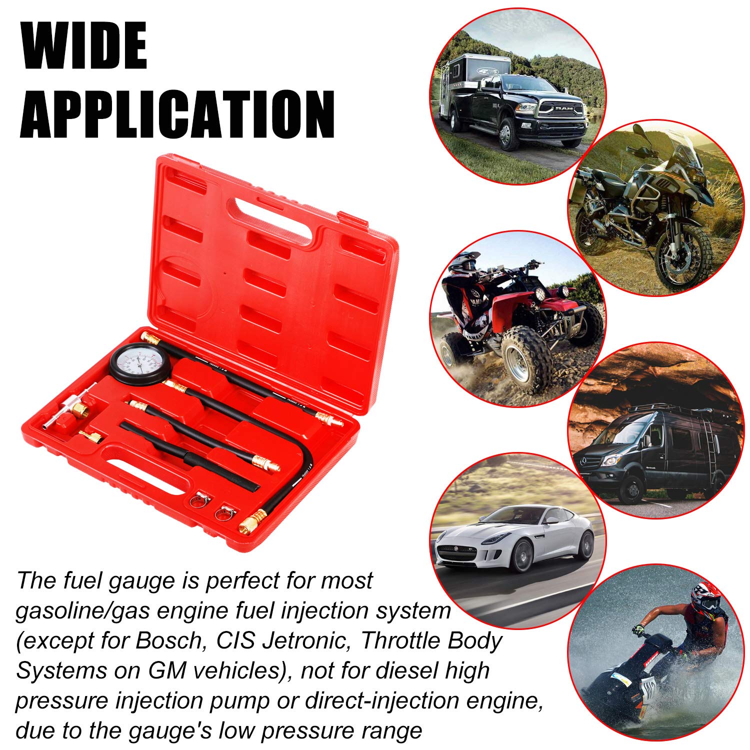 JIFETOR Fuel Injection Pump Pressure Tester Gauge Kit, Car Gasoline Gas Fuel Oil Injector Test Manometer Tool Set 0-100PSI, Universal for Auto Truck SUV Motorcycle ATV RV