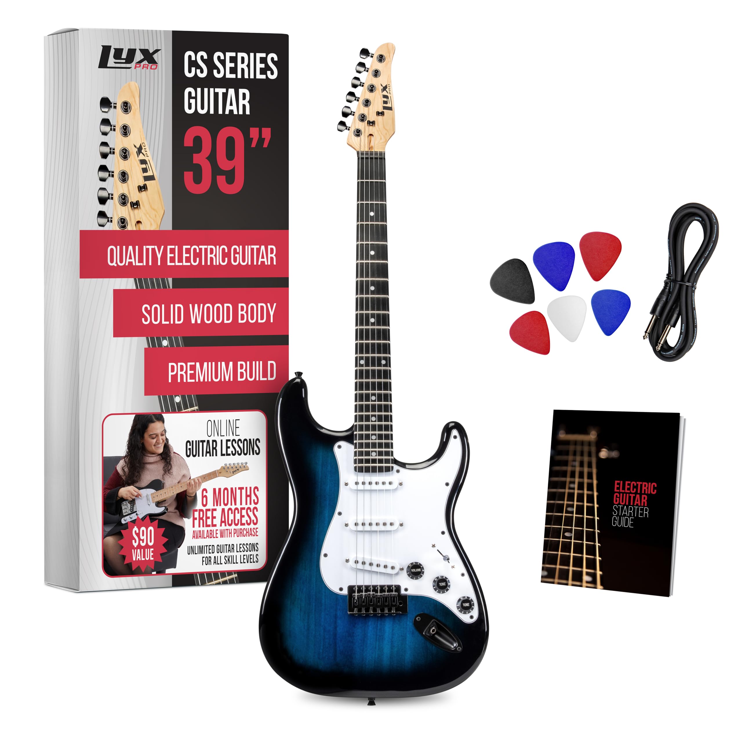 LyxPro CS 39” Electric Guitar Kit for Beginner, Intermediate & Pro Players with Guitar, Amp Cable, 6 Picks & Learner’s Guide | Solid Wood Body, Volume/Tone Controls, 5-Way Pickup - Blue