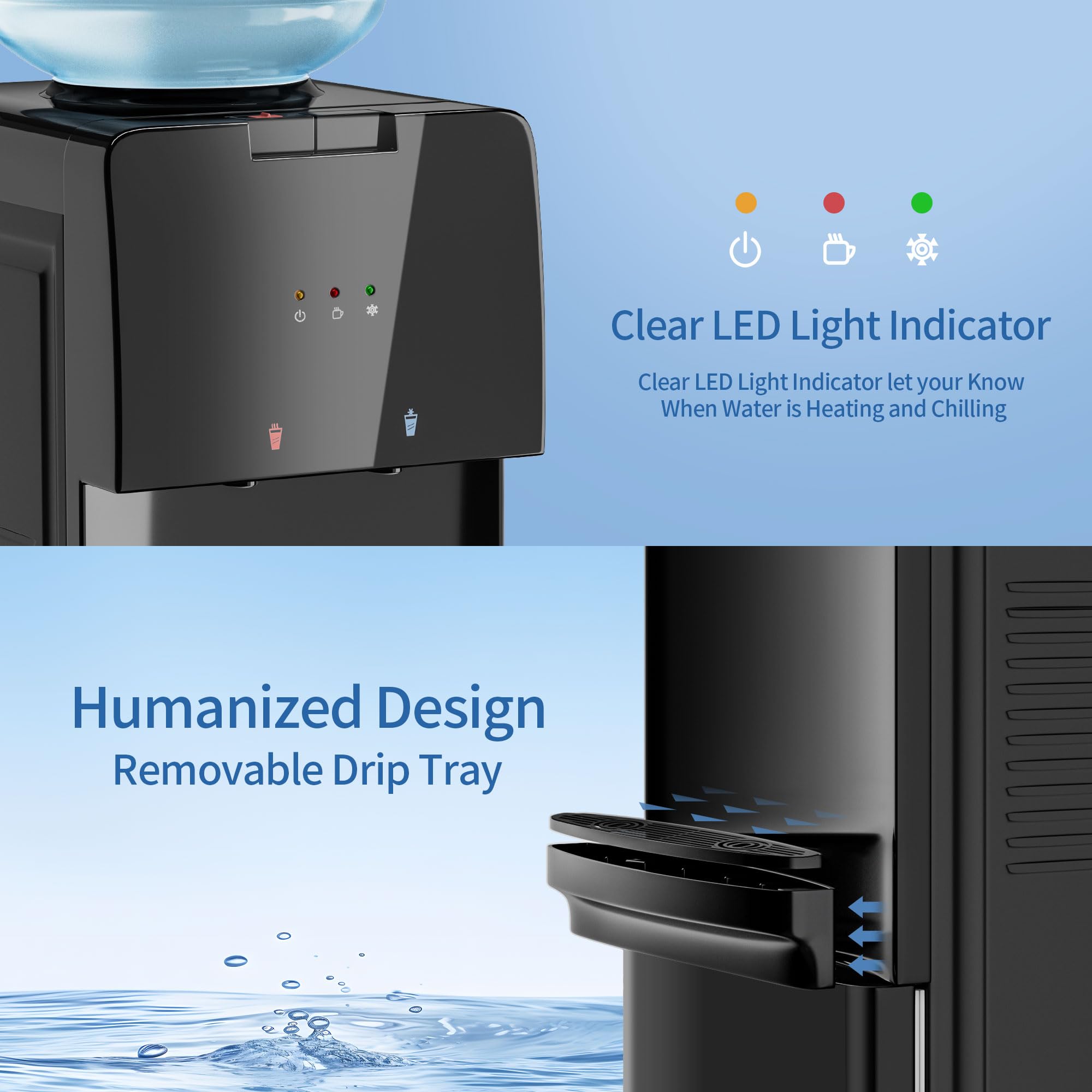 Urbansync Top Loading Cold & Hot Water Dispenser,3 Temperature Settings, Water Cooler for 3 or 5 Gallon Bottles, Removable Drip Tray & Child Safety Lock, Home, Office, Living Room.