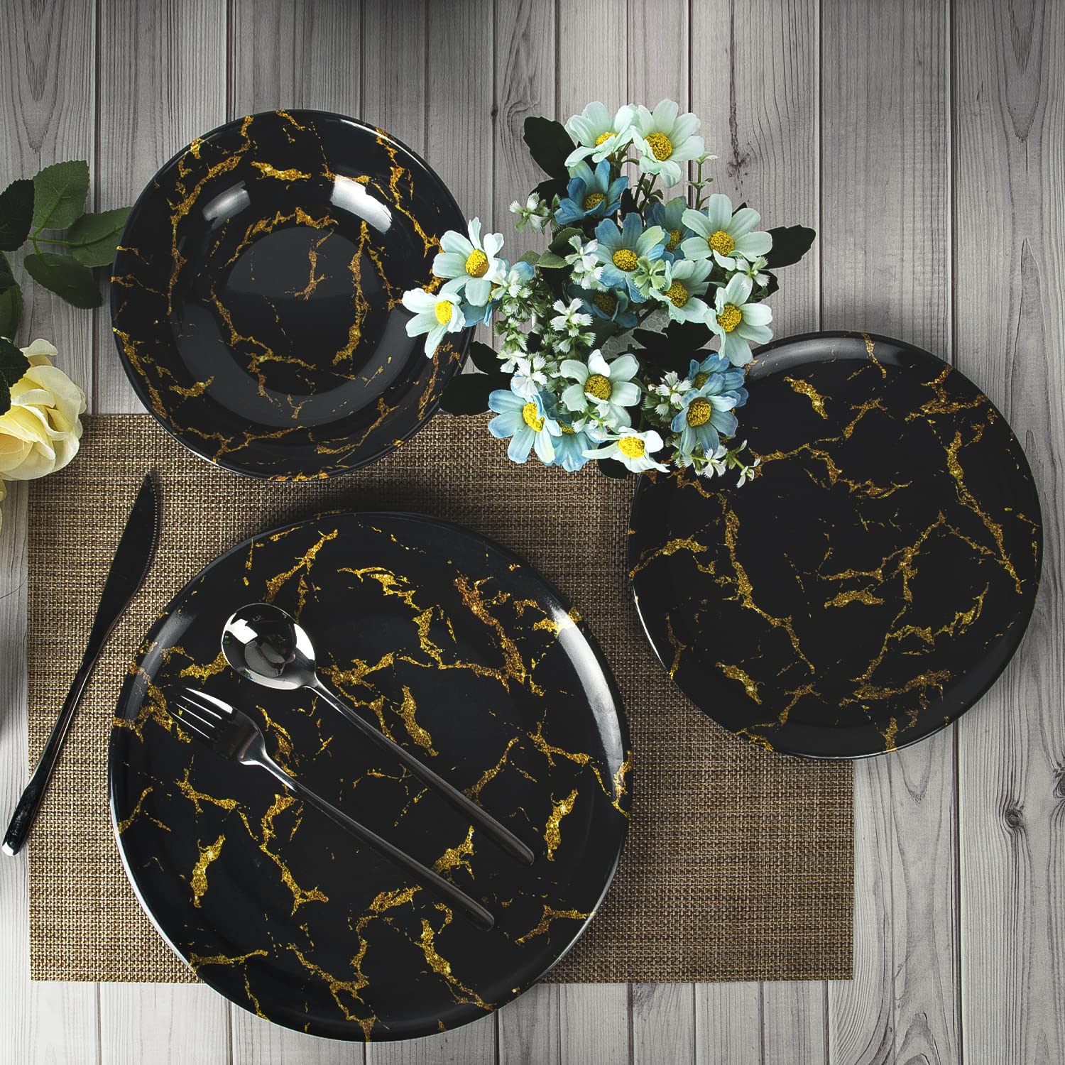 Melamine Dinnerware Sets - 12 pcs Melamine Plates Indoor and Outdoor use Black Marble Plates and Bowls Dinnerware Sets Camping Dish Set for 4 Dishwasher Safe(Sahara Gold)