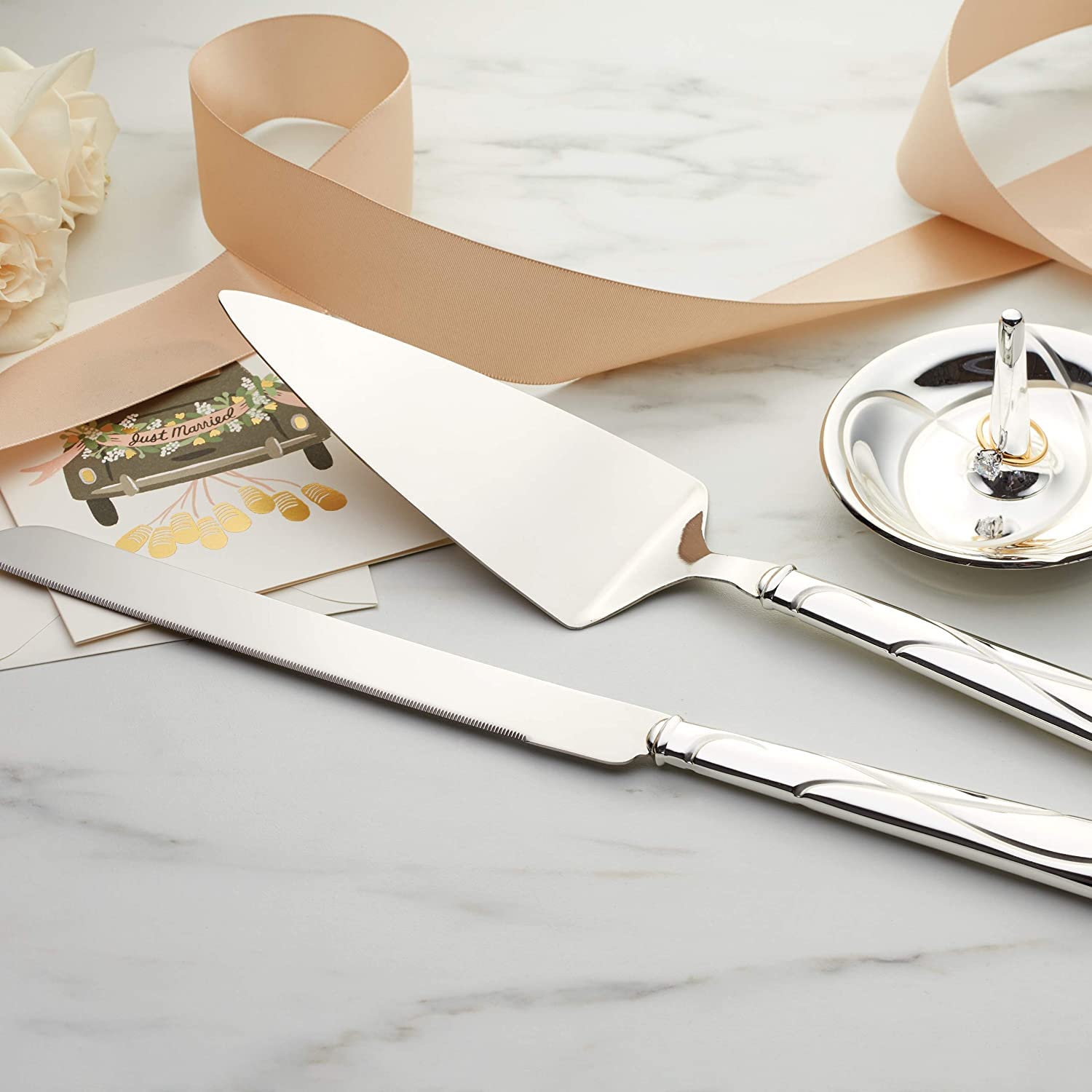 Lenox Bridal Adorn Silver Personalized Wedding Cake Knife and Server Set, Custom Engraved Wedding Cake Cutting Set, Accessories and Gifts for Bride and Groom