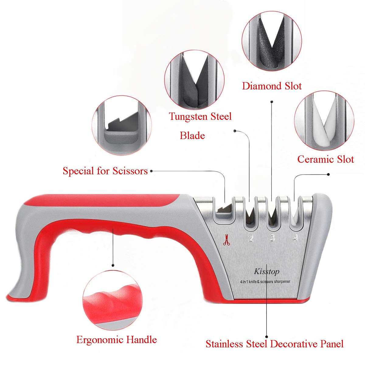 Kisstop 4 in 1 Knife Sharpener,4-Stage Kitchen Knife Sharpeners with the Diamond, Ceramic, and Tungsten Steel Rod(Red)