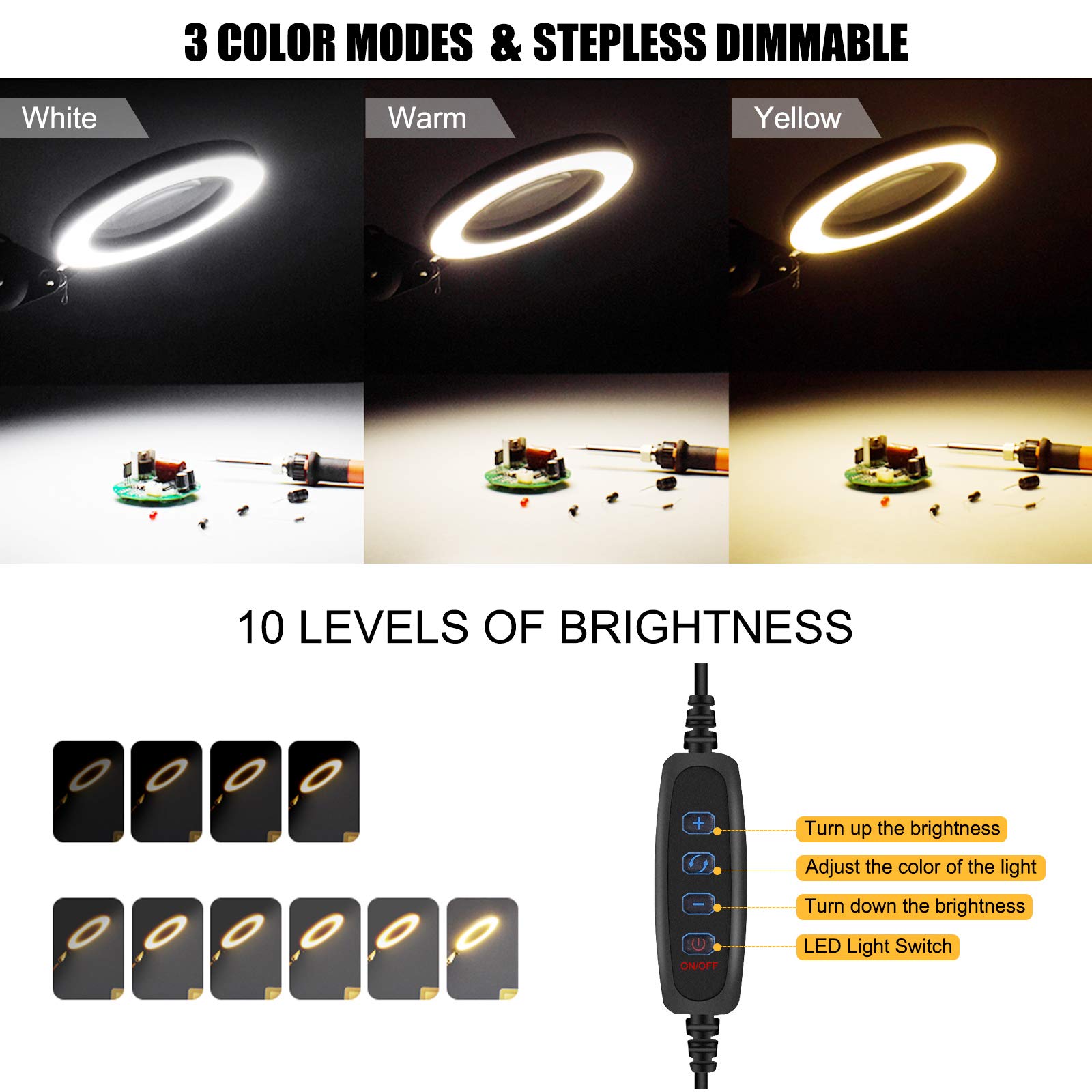 LED Magnifying Lamp - 3 Color Modes, Stepless Dimming,5-Diopter, 4.1" Diameter Glass Lens, Adjustable Swivel Arm Lighted Magnifier Light for Workbench Reading Craft Close Work