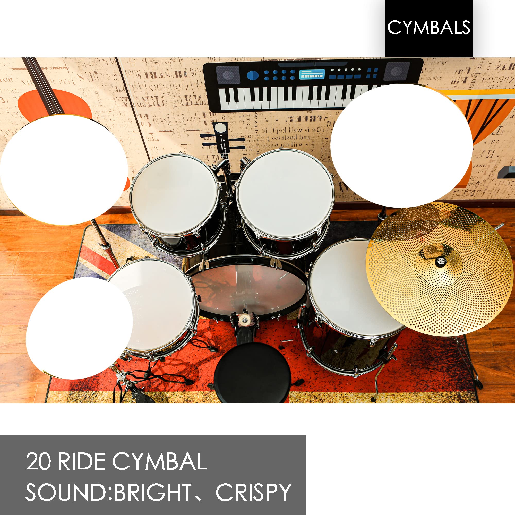 Low Volume Ride Cymbal, 20 inches Practice Ride Cymbal, Quiet Ride Cymbal (20'', Gold)