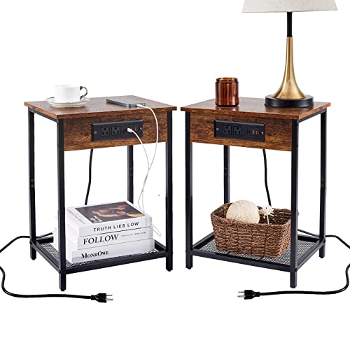 Sinewayone Nightstands Set of 2, End Table with USB-C Ports and Outlets, 2 Tier Side Table with Charging Station for Living Room, Bedroom, Office, Small Spaces, Sofa Couch, Rustic Brown