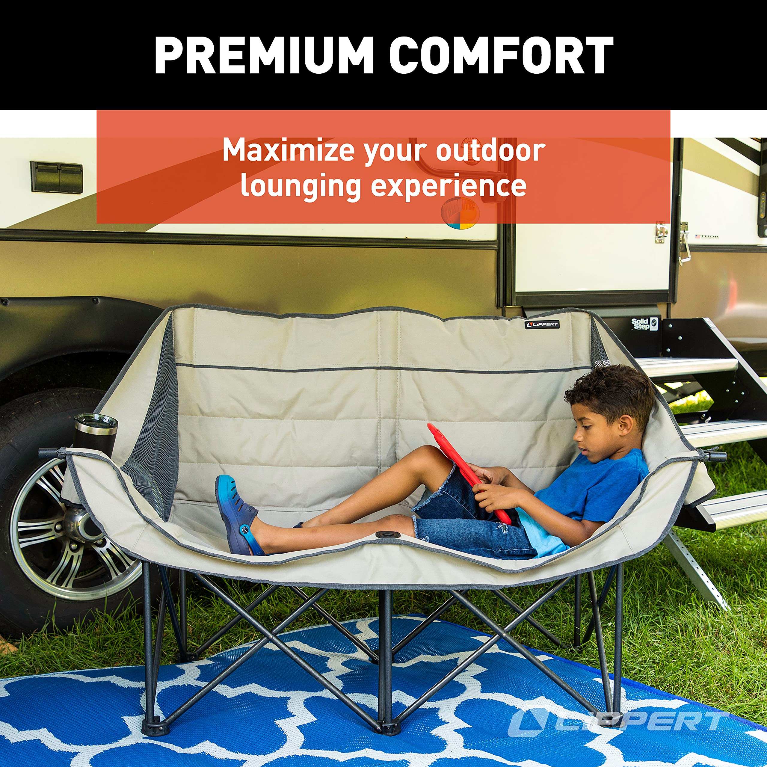 Lippert Campfire Folding Loveseat with 500-lb. Weight Capacity, Carry Bag, Durable Mesh Fabrics, High-Loft Cushioning, Storage Pocket, Dual Cupholders, Stemmed Wine Glass Holder (Sand) - 2021000205