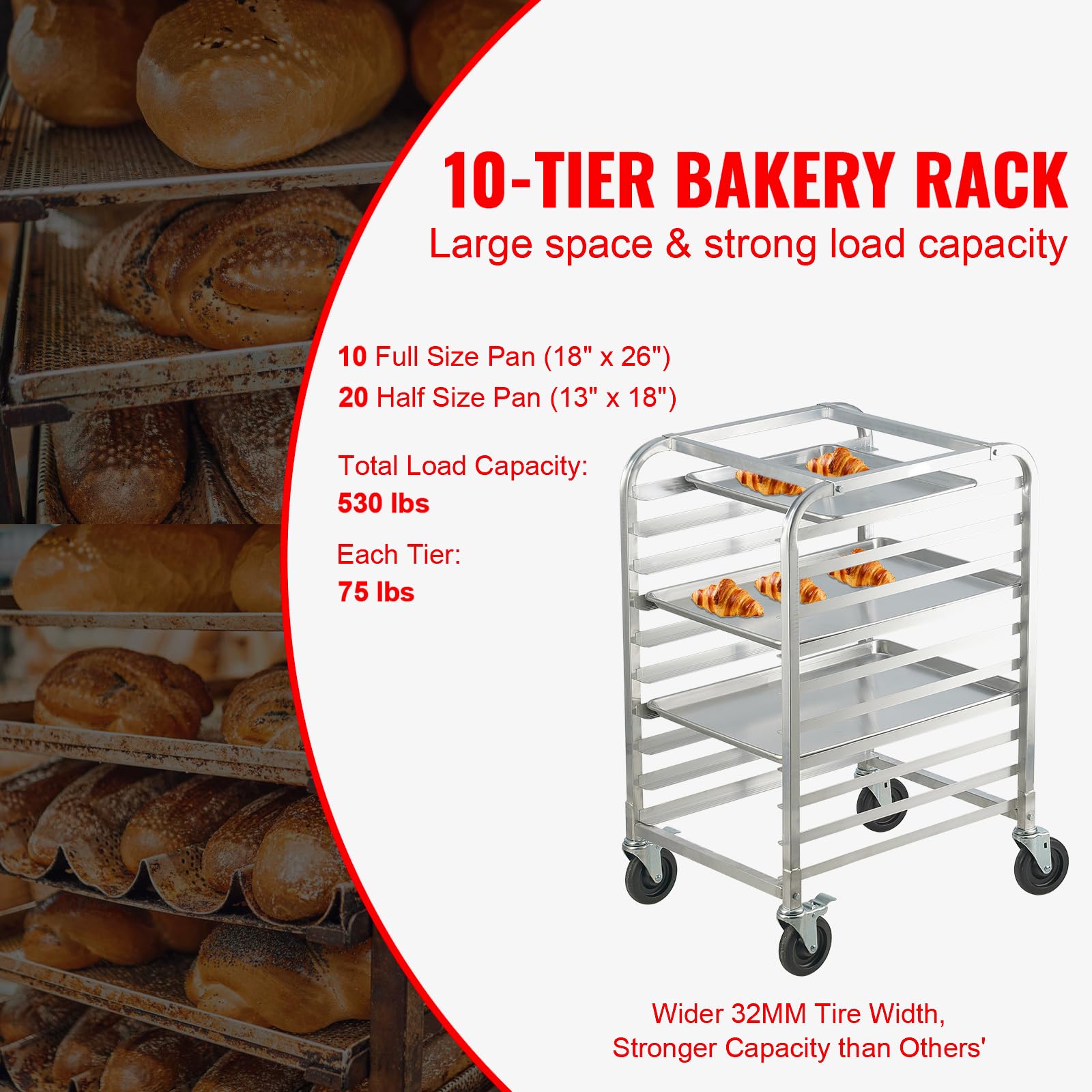 Zoorse Bun Pan Rack, 10-Tier Commercial Bakery Rack with Brake Wheels, Aluminum Racking Trolley for Half & Full Sheets, Speed Rack for Kitchen and Home, 26" L x 20.3" W x 39" H