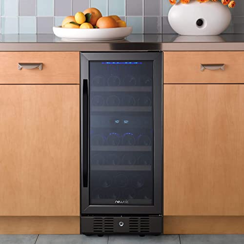 NewAir Freestanding 28 Bottle Dual Zone Wine Fridge, French Door, Black Stainless Steel