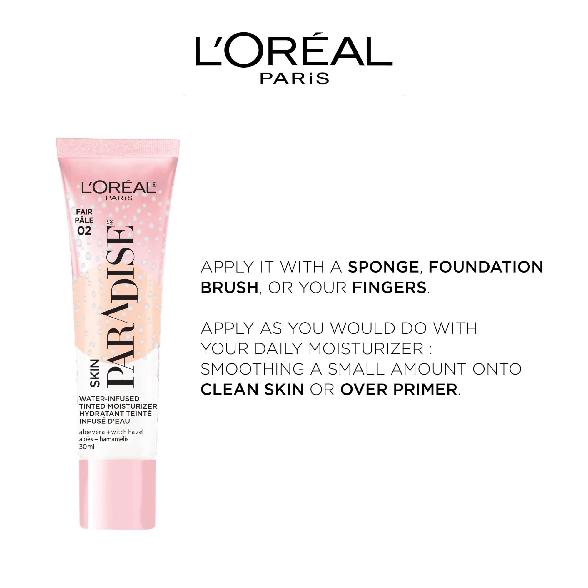 L'Oreal Paris Skin Paradise Water-infused Tinted Moisturizer with Broad Spectrum SPF 19 sunscreen lightweight, natural coverage up to 24h hydration for a fresh, glowing complexion, Medium 01, 1 fl oz