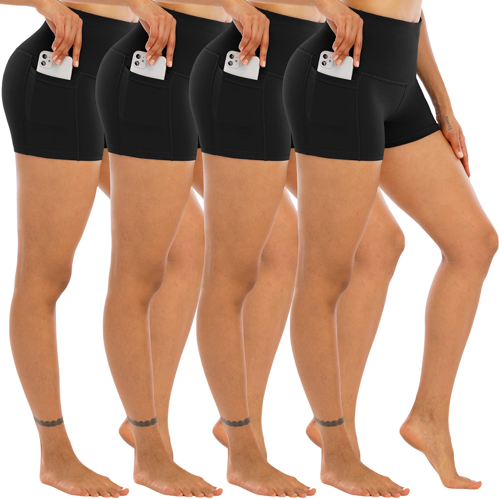 LZYVOO Spandex Shorts for Women with Pockets,Women's High Waisted Yoga Workout Booty Shorts(3" 4 Packs Black-M)