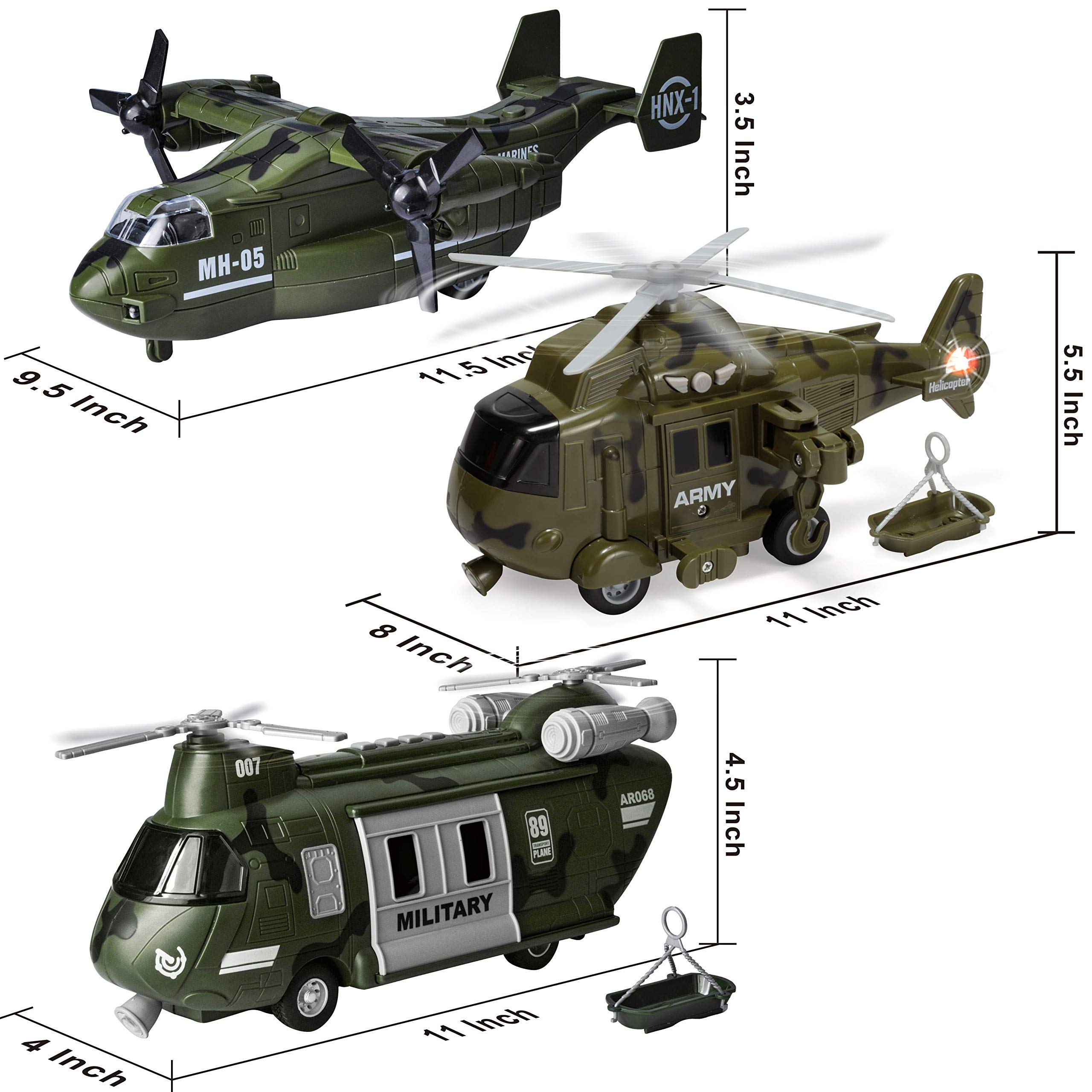 JOYIN 3 PC Friction Powered Military Helicopter Squadron Toy Set with Light and Sound Sirens