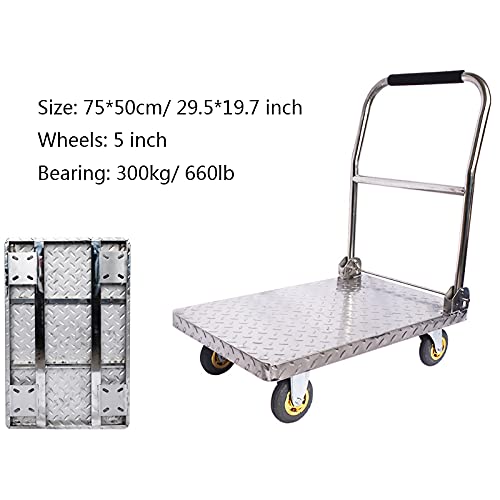 Platform Truck Push Dolly Push Cart Stainless Steel Trolley Heavy Duty Load Capacity Platform Truck with Foldable Handle and Silent Swivel Wheels for, 660lb