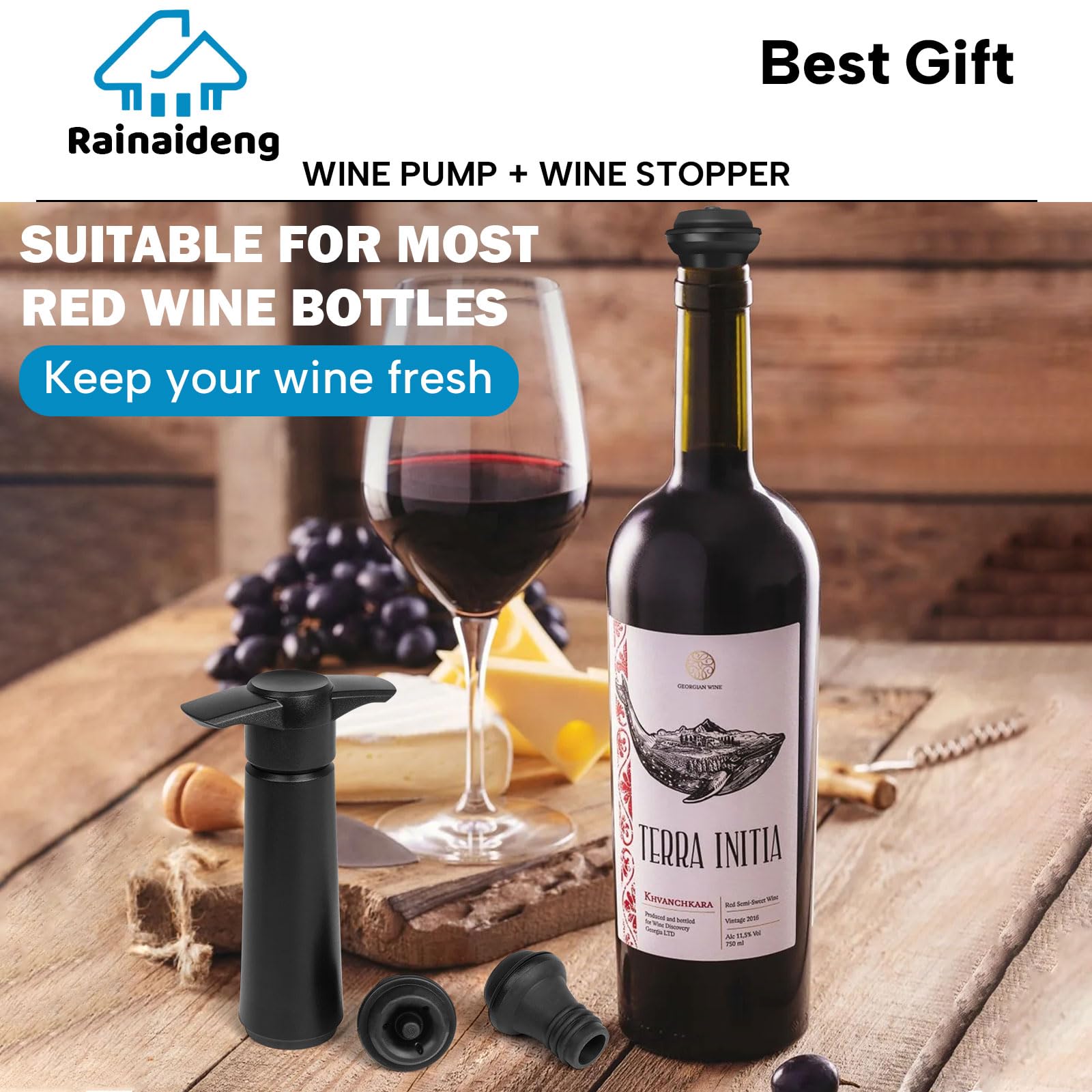 Rainaideng Wine Saver Pump with 6 Vacuum Stoppers,Wine Stopper, Wine Preserver, Wine Pump and Wine Vacuum Stopper are Black,Reusable Bottle Sealer Keeps Wine Fresh, Ideal Wine Accessories Gift