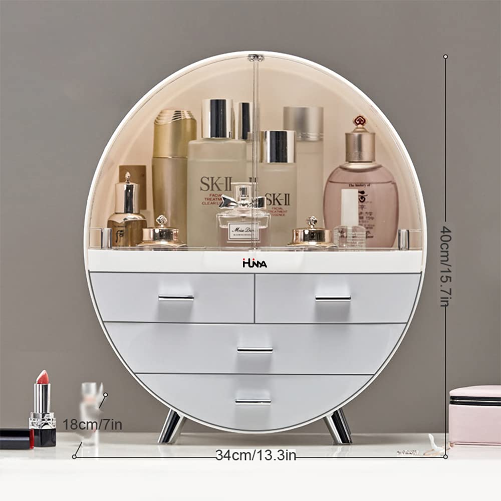 Ihuiniya STORi Makeup Storage Organizer Box，Cosmetics storage display rack with drawer，Waterproof, dustproof, elegant display cabinet，Suitable for bathroom countertop, bedroom dresser (Large Gray)