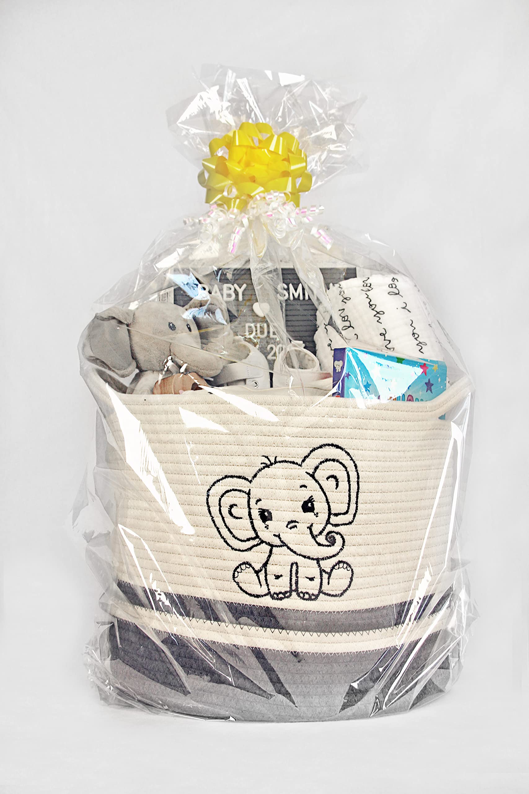 Rope Basket with Baby Elephant, Toy Storage, Nursery Storage, Blanket Storage, 14”x11”x12, White, Grey