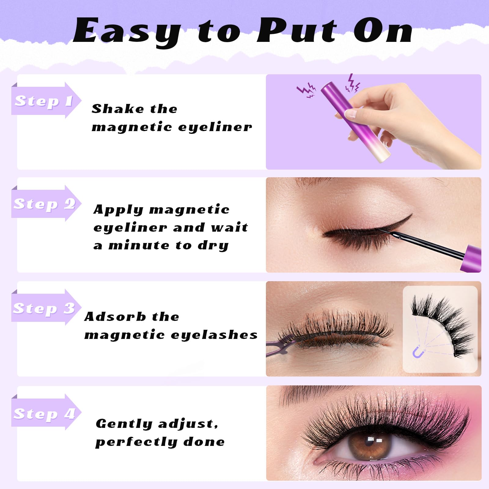 Magnetic Eyelashes with Magnetic Eyeliner Kit, 3D Natural Look False Eyelashes, Reusable Magnetic Lashes with Eyeliner and Tweezers, No Glue (Gradient Purple)