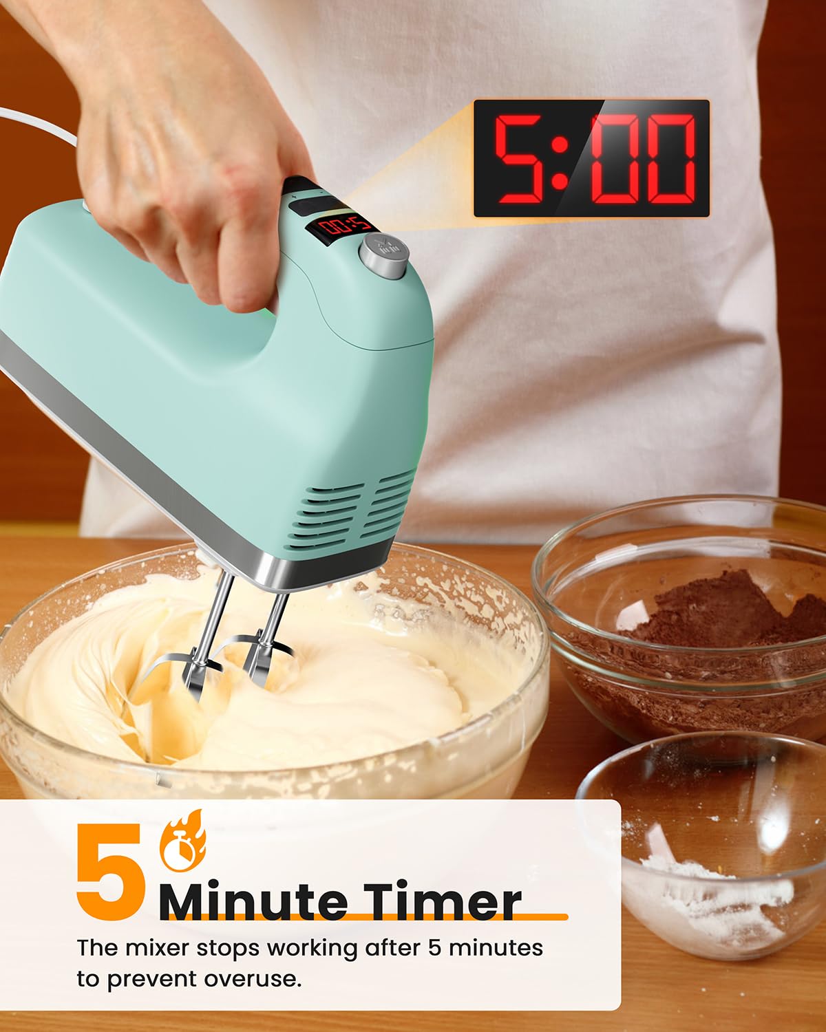 Juimma Hand Mixer Electric Handheld, 9-Speed 400W Kitchen Food Mixer with Digital Display and Touch Button, 5 Min Timer, Storage Case, 6 Stainless Steel Accessories, for Eggs Cream Cake Dough, Mint